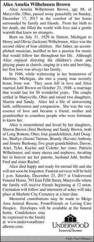 Alice Amelia Wilhelmsen Brown - Marysville Journal Tribune