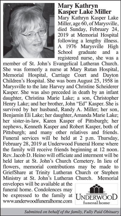 MARY KATHRYN KASPER LAKE MILLER - Marysville Journal Tribune