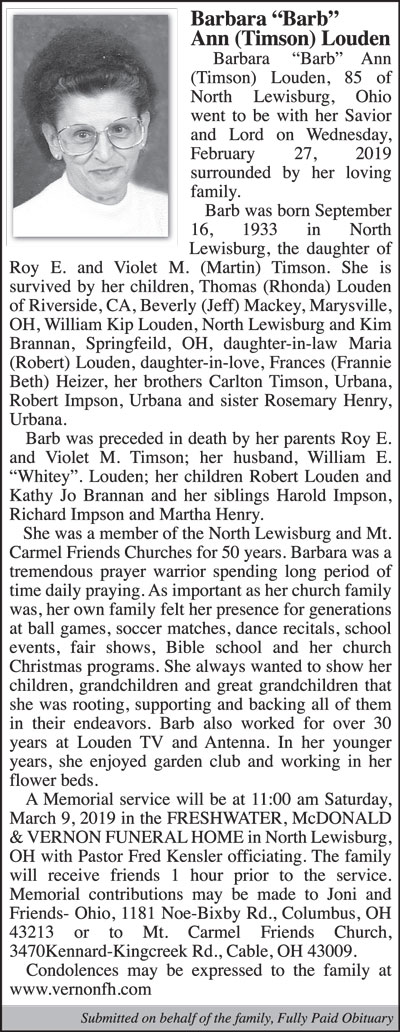 BARBARA "BARB" ANN (TIMSON) LOUDEN - Marysville Journal Tribune