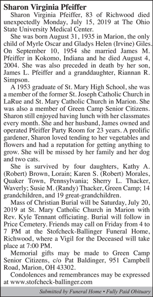 SHARON VIRGINIA PFEIFFER - Marysville Journal Tribune