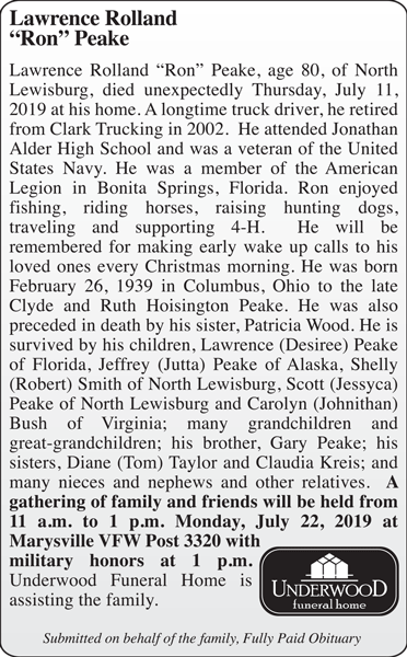 LAWRENCE ROLLAND "RON" PEAKE - Marysville Journal Tribune