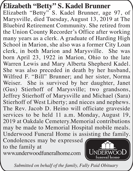 ELIZABETH "BETTY" S. KADEL BRUNNER - Marysville Journal Tribune