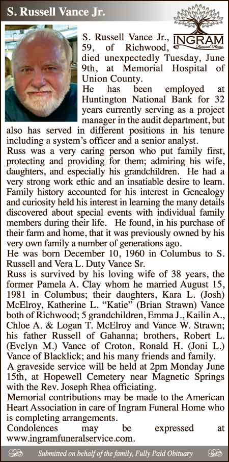 S. Russell Vance Jr. - Marysville Journal Tribune