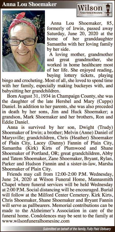 Anna Lou Shoemaker - Marysville Journal Tribune