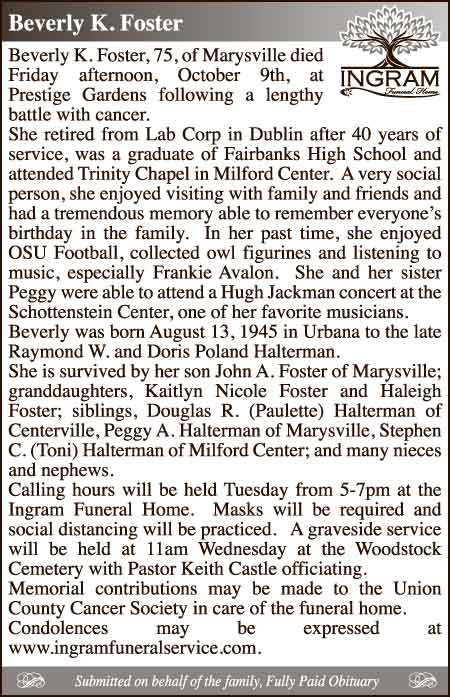 Beverly K. Foster - Marysville Journal Tribune