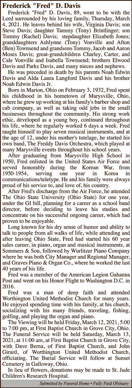 Frederick "Fred" D. Davis - Marysville Journal Tribune