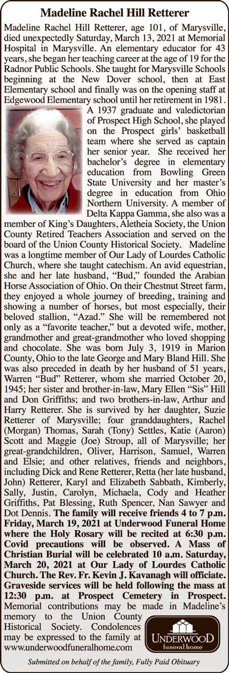 Madeline Rachel Hill Retterer - Marysville Journal Tribune