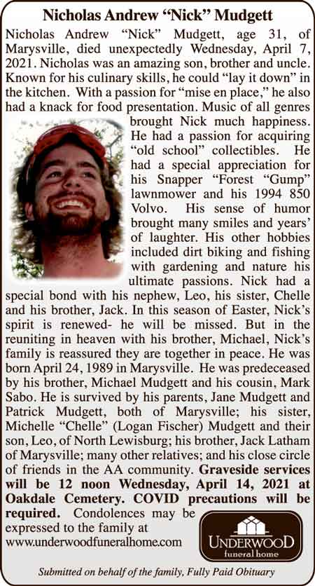 Nicholas Andrew "Nick" Mudgett - Marysville Journal Tribune