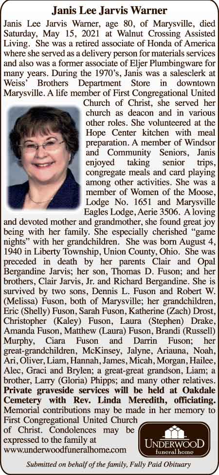 Janis Lee Jarvis Warner - Marysville Journal Tribune