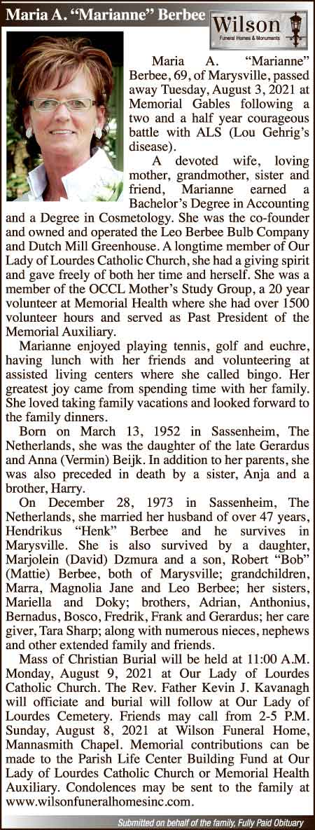 Maria A. "Marianne" Berbee - Marysville Journal Tribune