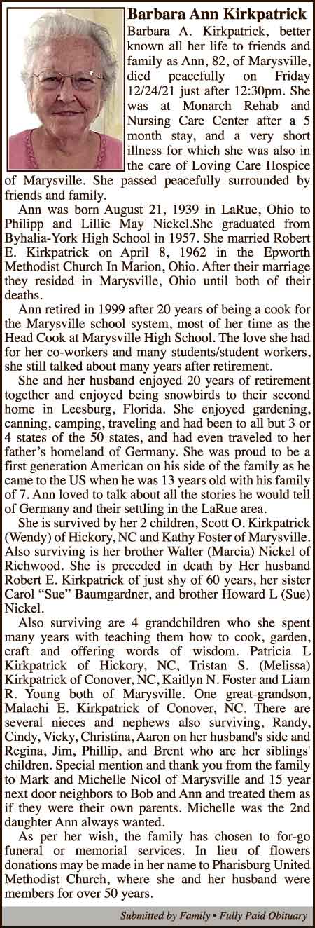 Barbara Ann Kirkpatrick - Marysville Journal Tribune